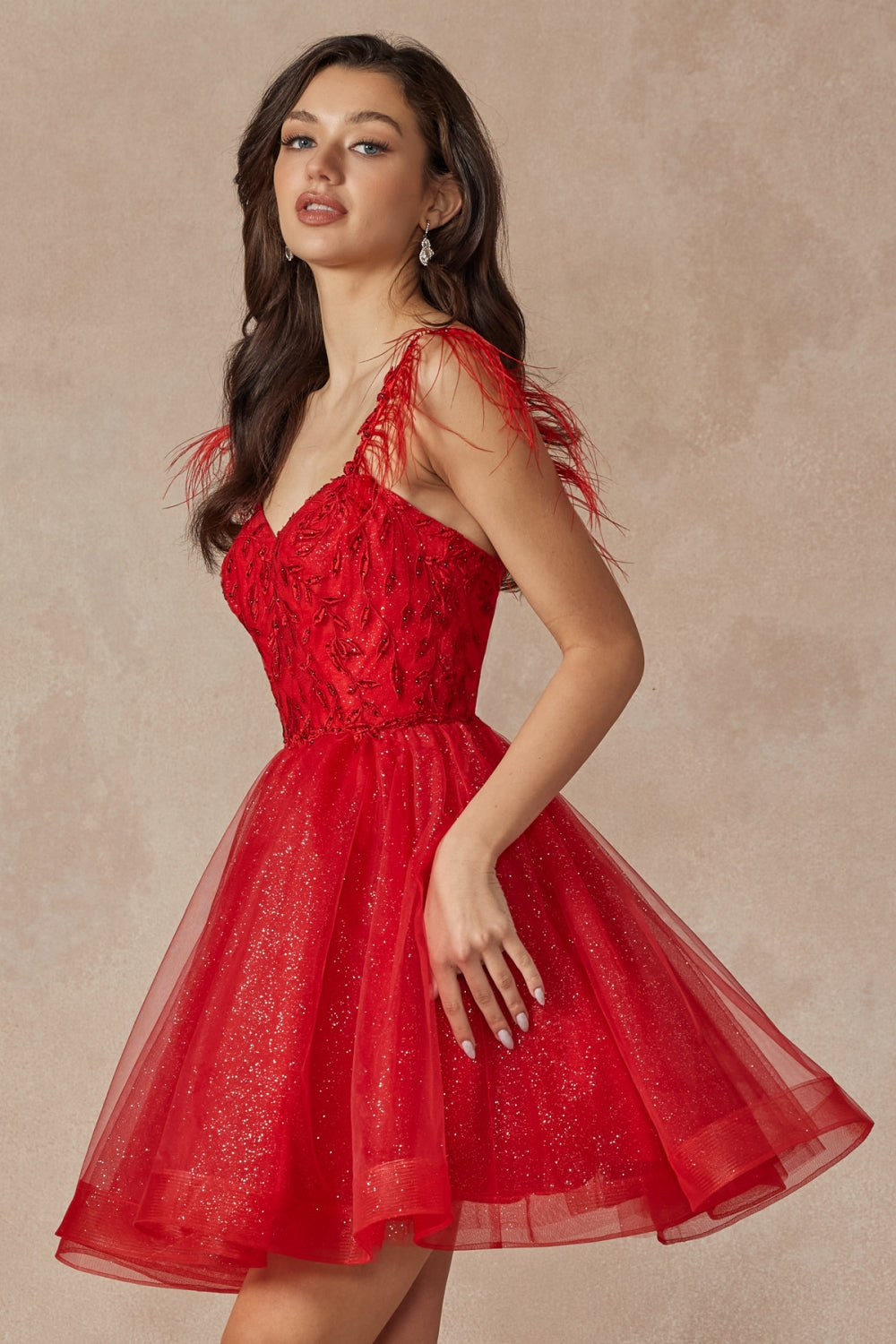 FEATHER STRAPS SHEER BODICE SHORT DRESS – Juliet Direct